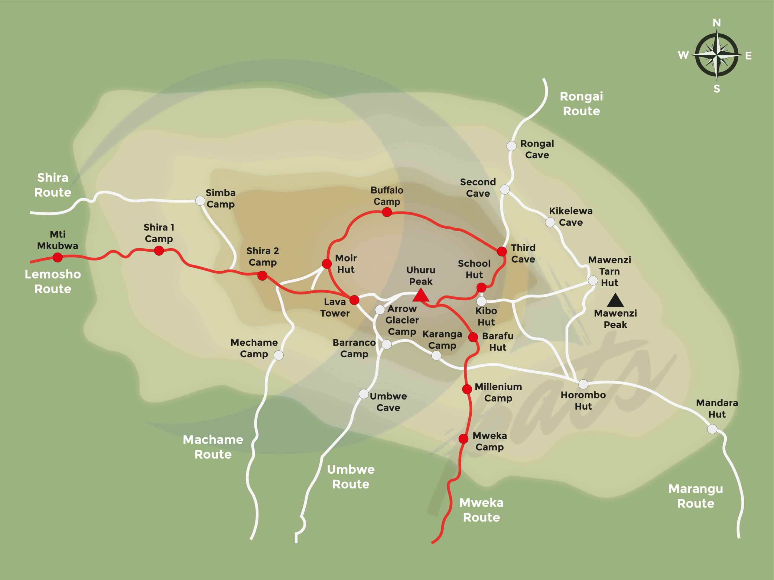 Mount Kilimanjaro Volcanic Cones: Shira, Kibo And Mawenzi Peaks